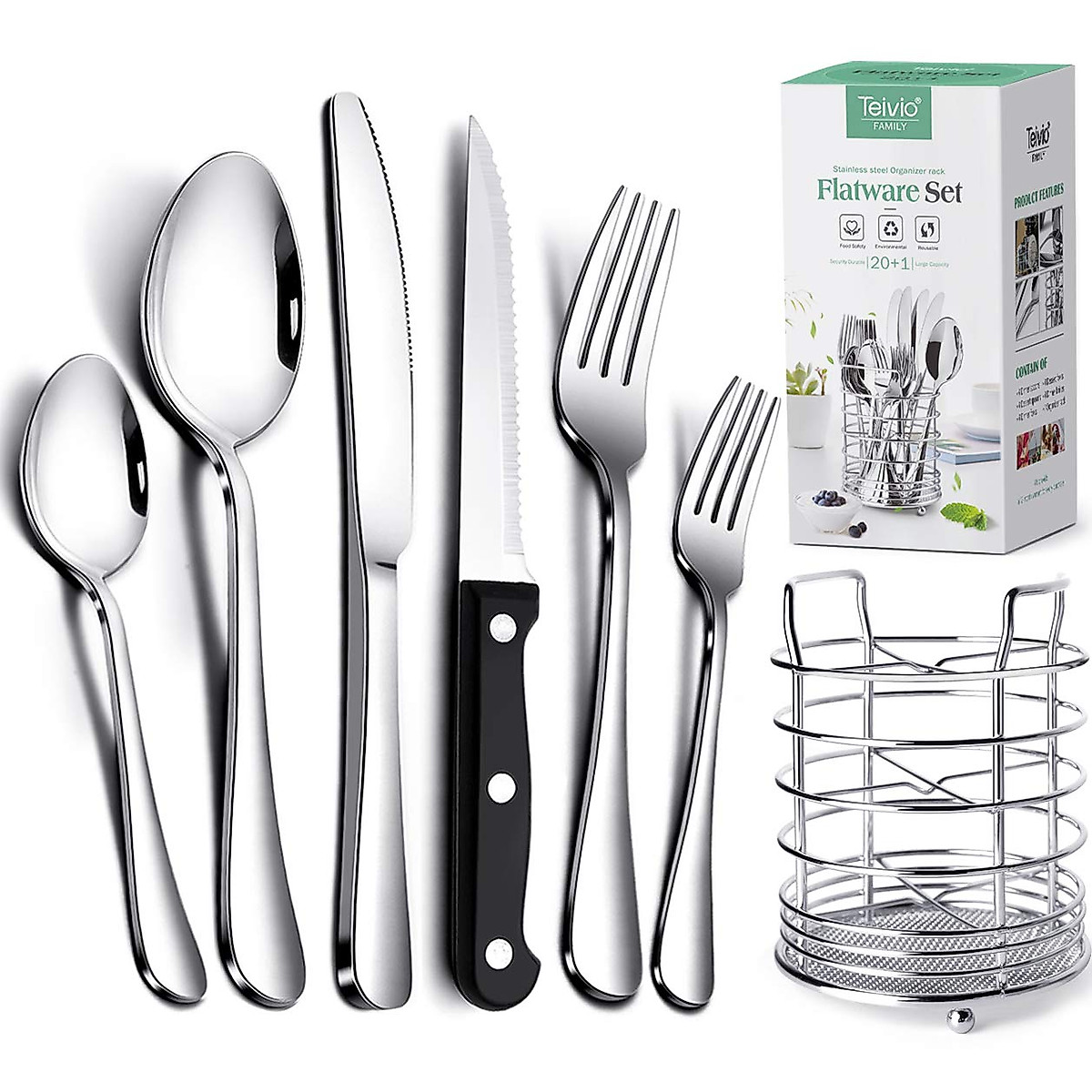 Teivio 24-Piece Stainless Steel Flatware Cutlery Set and 4 steak knife, Silverware Utensil Set with Countertop Caddy, Service for 4, Include Knives/Forks/Spoons, Mirror Polished