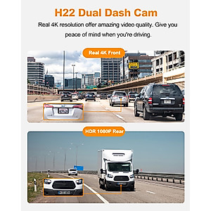 YEECORE Dual Dash Cam, Real 4K+1080P Front and Rear Dash Camera, Built-in WiFi GPS, 3" IPS Screen, HDR Night Vision, 24H Parking Monitor, 157°Wide Angle Dash Camera for Cars, Loop Recording (H22)