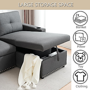 Payeel L Shape Sleeper Sectional Sofa with Storage Chaise Lounge, 83" Pull Out Convertible Sofa Bed with Cup Holder, 3 in 1 Sofa Sleeper Couch for Living Room, Apartment