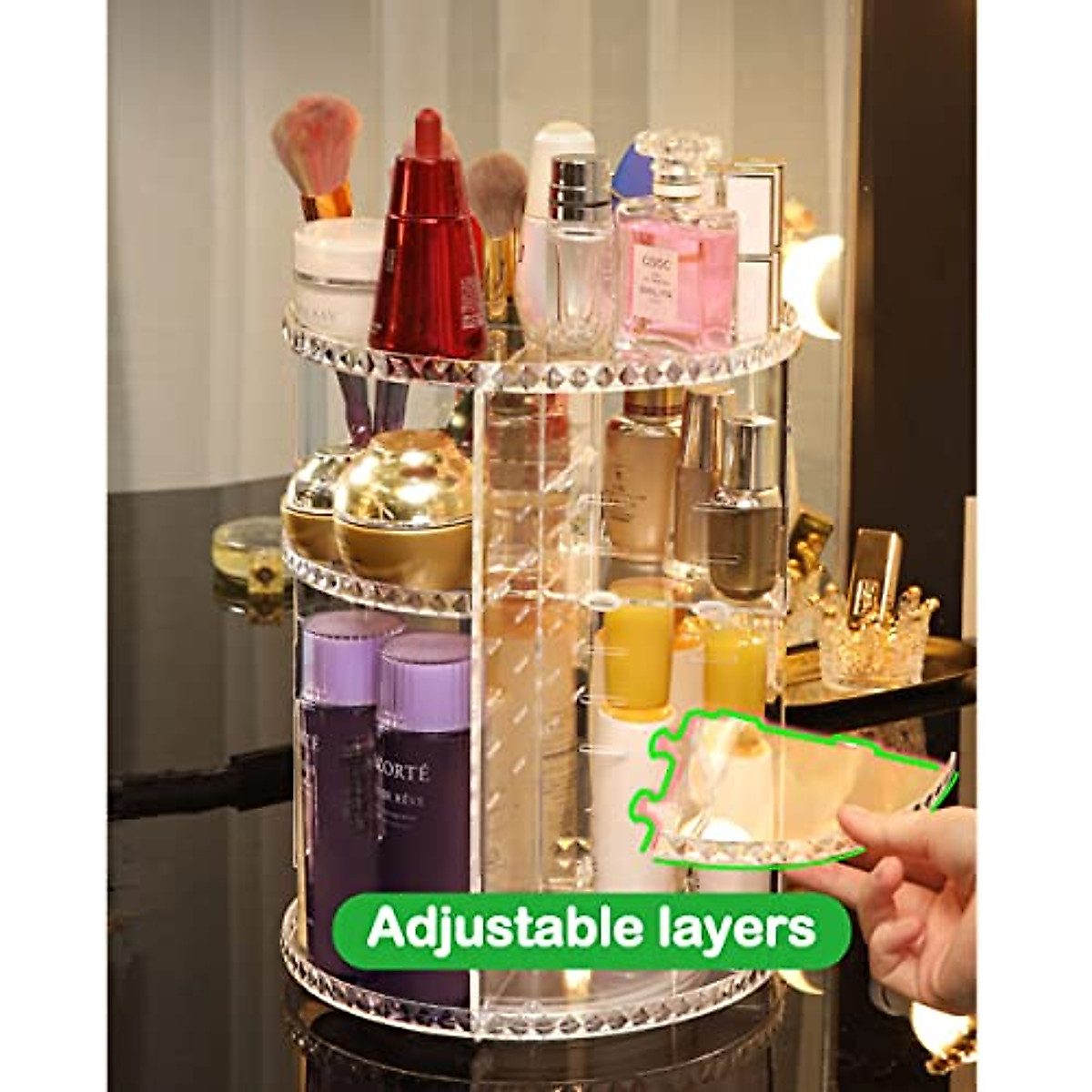COMODID Makeup Organizer, 360 Degree Rotating Adjustable Cosmetic Storage Display Case with 8 Layers Large Capacity, Crystal Clear