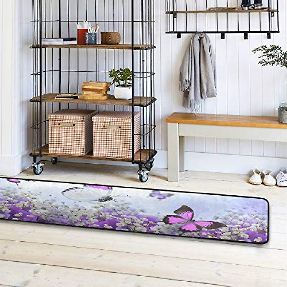 Purple Flowers and Butterflies Kitchen Rugs Non-Slip Soft Doormats Bath Carpet Floor Runner Area Rugs for Home Dining Living Room Bedroom 72" X 24"