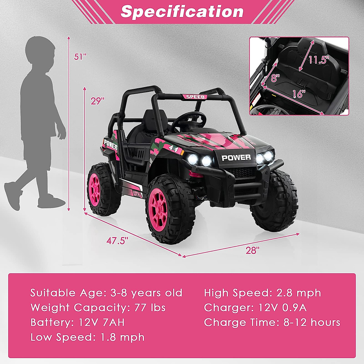 Costzon Ride on Car, 12V Kids UTV with 2.4G Remote Control, Music, LED Lights, Radio, USB Port, Storage, Slow Start, Battery Powered Off-Road Buggy for Boys Girls Aged 3-8 Years, Ride on UTV (Pink)