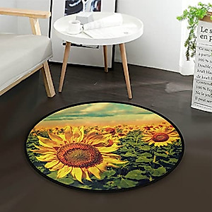 Round Area Rug Non-Slip Carpet Sunflower Blooming Golden Circle Rugs 3 Feet Rugs Floor Mats Soft Carpet Machine Washable Floor Mat for Living Room Bedroom Nursery Room Home Decor
