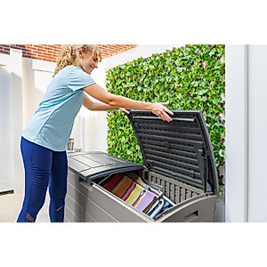 Suncast 120-Gal. All-Weather Patio Deck Box with Pad-Lockable Split Top Lid, Extra-Large Outdoor Storage Unit for Patio Furniture and Grill Tools