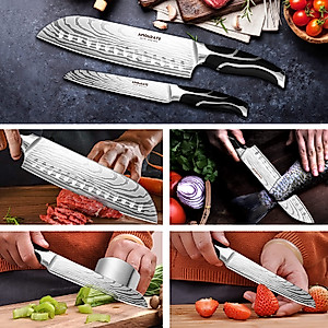 Santoku Knife Ultra Sharp Kitchen Chef Knife Set, Professional Japanese Knife Made of German High Carbon Steel ,7-Inch chopping Knife with Finger Guard, Ergonomic Handle, Comes with Gift Box (2PCS)
