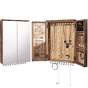 J JACKCUBE DESIGN Rustic Wall Mounted Jewelry Organizer, Wood Hanging Jewelry Holder Cabinet with Acrylic Mirror for Necklaces Earrings Bracelets Rings Wooden Barndoor Decor - MK606A