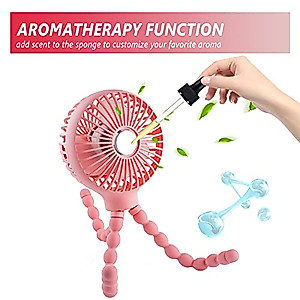 YKLWORLD Mini Stroller Fan, Handheld Portable Fan with Flexible Tripod, USB or Battery Powered Personal Desk Fan 3 Speeds Baby Fan with LED Light & Aromatherapy for Car Seat Crib Bike Treadmill - Pink