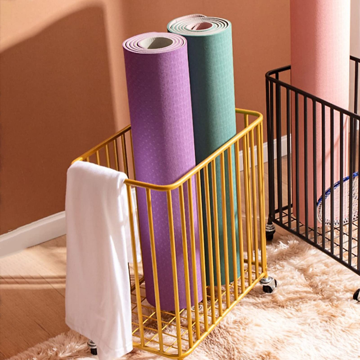 Gold Square Yoga Mat Holder with Wheels, Steel Frame Yoga Mat Storage Basket, Exercise Equipment for Home Workouts, Space Saving Yoga Mat Racks