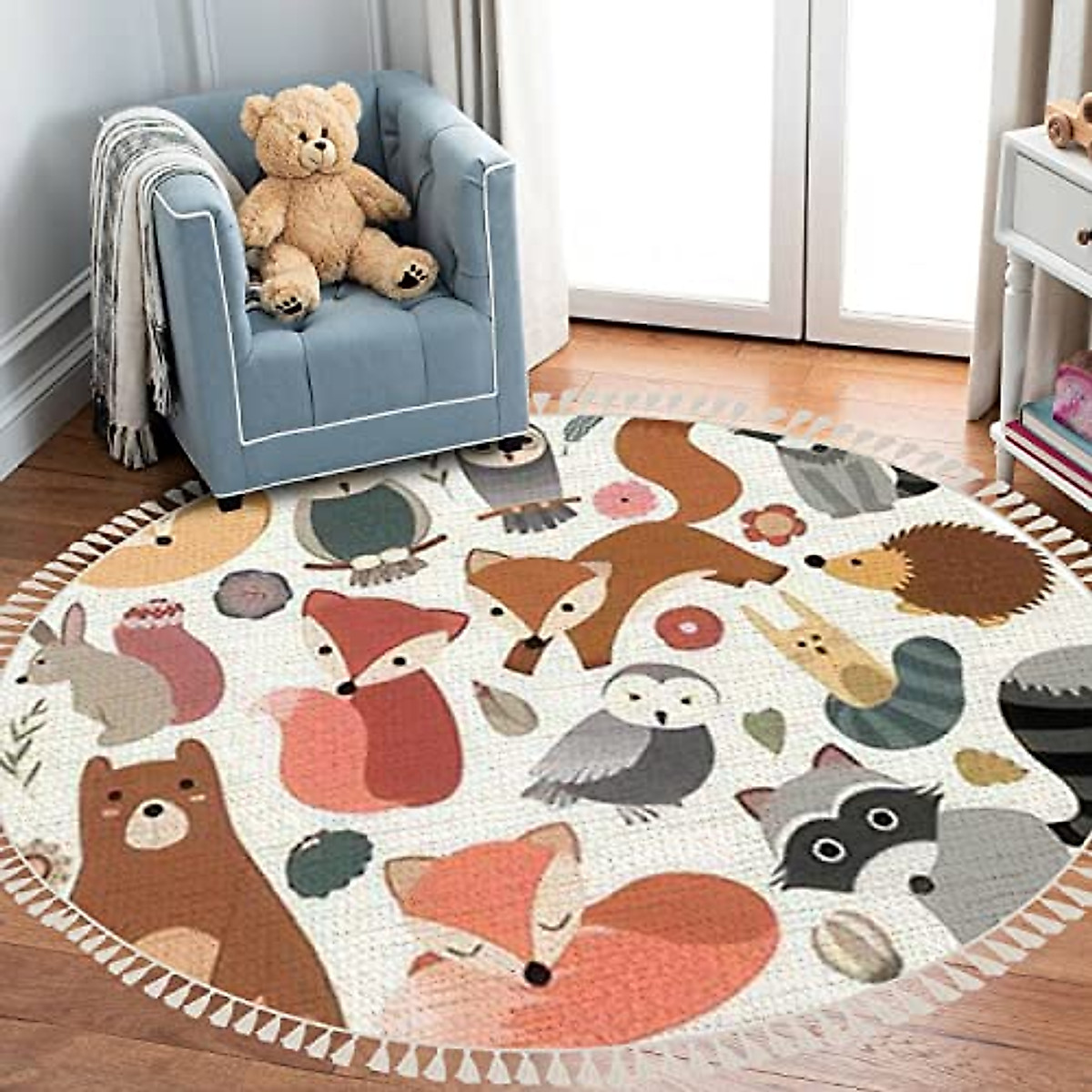DNEWYNPABV Round Rugs Woodland Animals Cute Forest Design Elements Boho Area Rug Linen and Cotton Carpet Meditation Rug Washable Hallway Runner Mat Accent Rug for Bedroom Bathroom 3ft