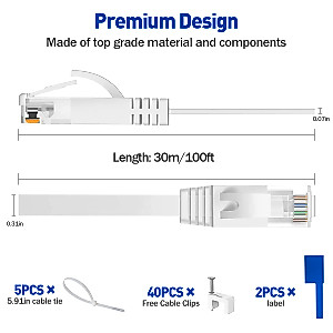 UDATON Cat 6 Ethernet Cable 100 Ft, High Speed Flat Ethernet Cable 100ft, Rj45 Internet Computer LAN Cable, Cat 6 Long Ethernet Cable for PS4,Box,Gaming Switch-White(Free Cable Clips and Straps)