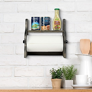 MyGift Wall Mounted Vintage Gray Solid Wood Paper Towel Holder and Spice Jars Storage Shelf with Industrial Black Metal Pipe Bar, Countertop Paper Towel Dispenser