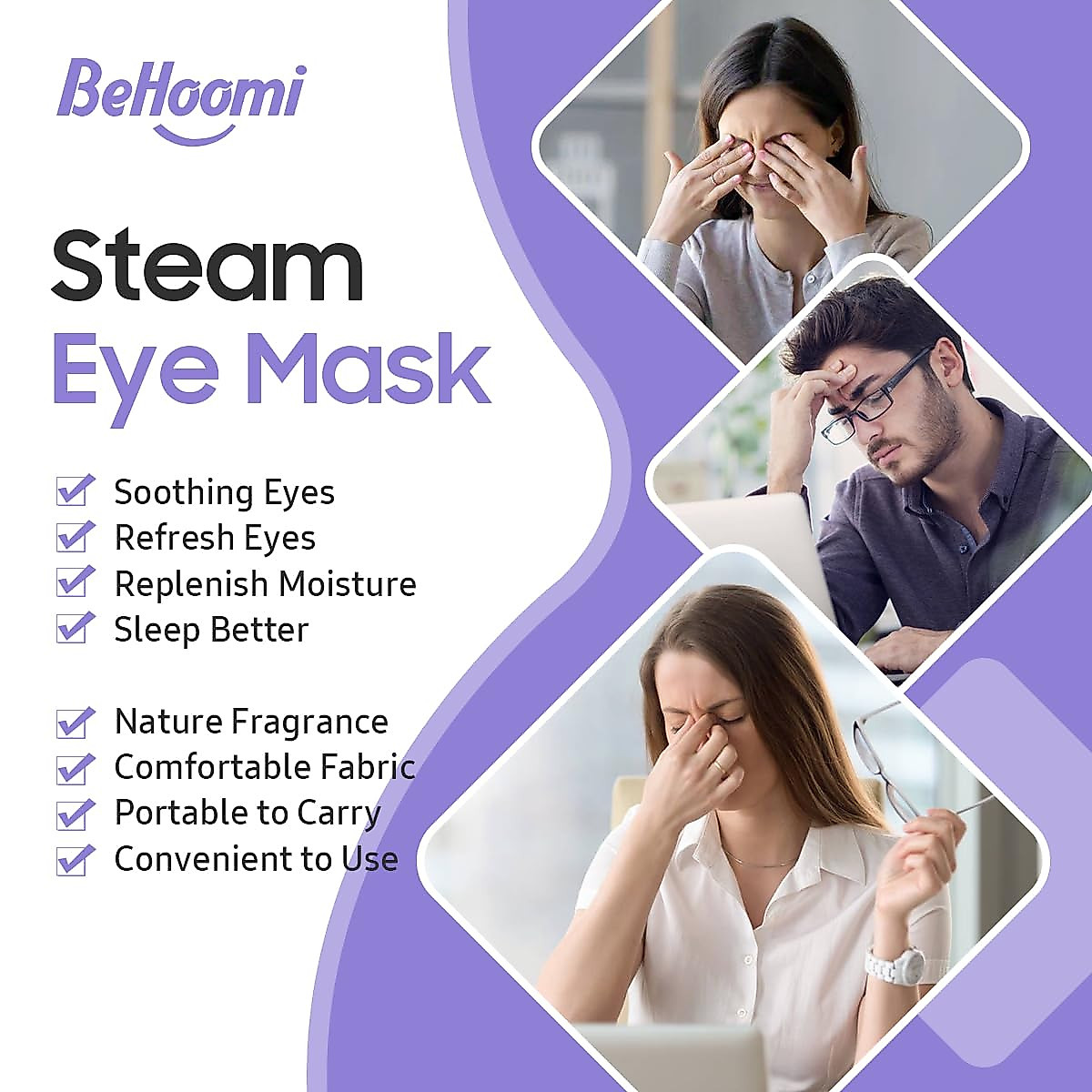 BeHoomi Steam Eye Mask, 10 Packs Heated Eye Mask, Self Heating Disposable SPA Warm Compress for Eyes Sleep Mask, Soothing Moist Heat Eye Masks, Travel Essentials & Relaxation Gifts (Lavender Scent)