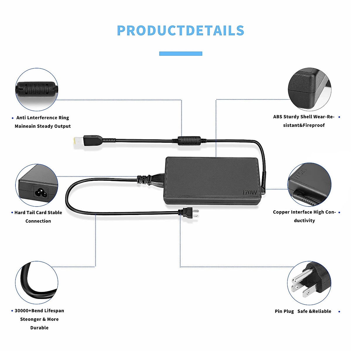 170W Laptop Charger for Lenovo ThinkPad P50 P51 P52 P53 P70 P71 P73 W540 W541 T540P Legion Y520 Y530 Y720 Y730 ADL170NLC2A ADL170NLC3A ANTWELON Square Tip 20V 8.5A AC Adapter Power Supply Cord