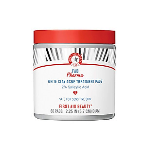 First Aid Beauty - FAB Pharma White Clay Acne Treatment Pads with 2% Salicylic Acid, Daily Compostable Exfoliating Pads for Breakouts, Whiteheads, Blackheads and Acne, Safe for Sensitive Skin, 60 Pads