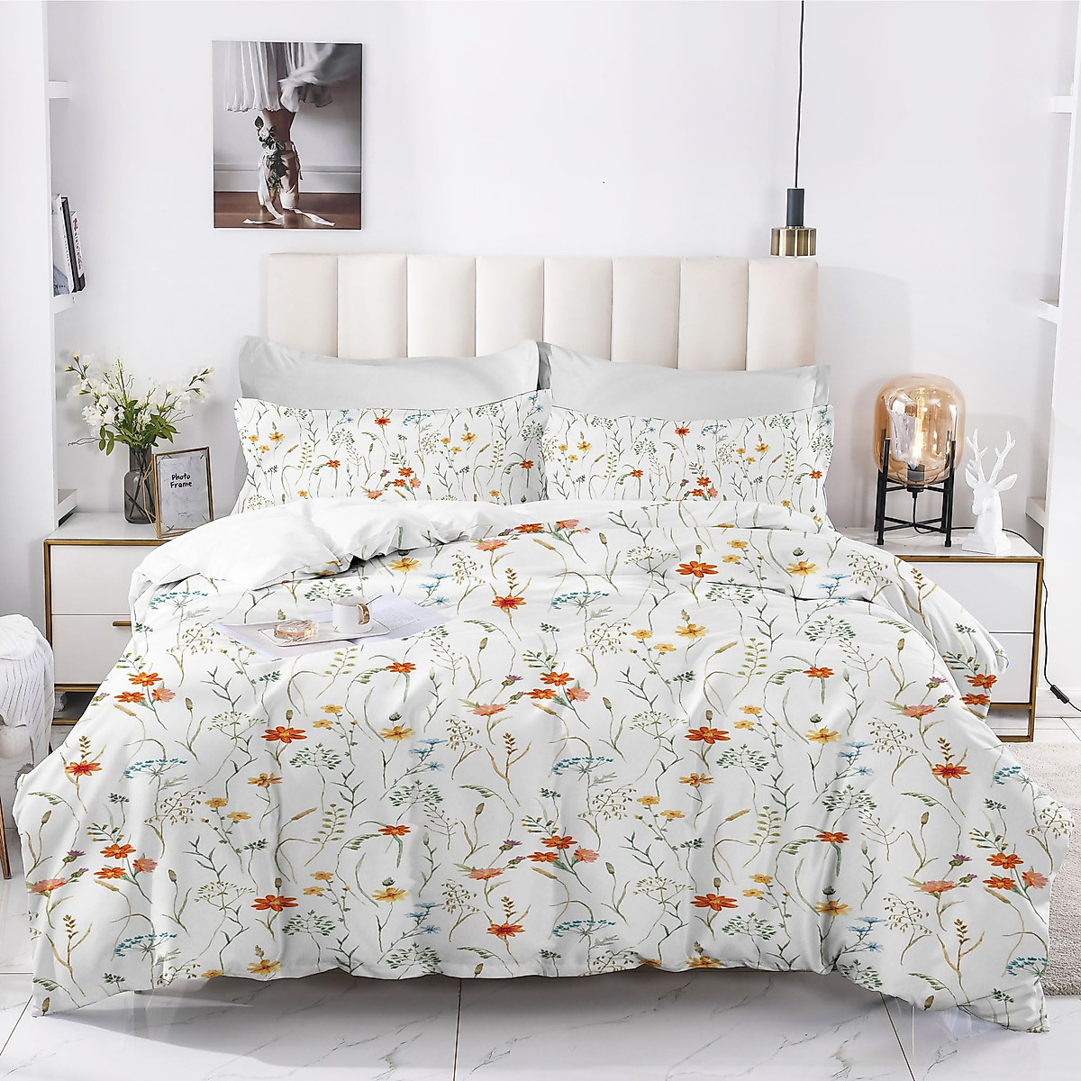 MULLEPP White Floral Duvet Cover Queen Size 3 Piece Farmhouse Yellow Botanical Flowers Leaf Pattern Microfiber Bedding Comforter Cover Set, Soft and Lightweight Quilt Cover for All Season