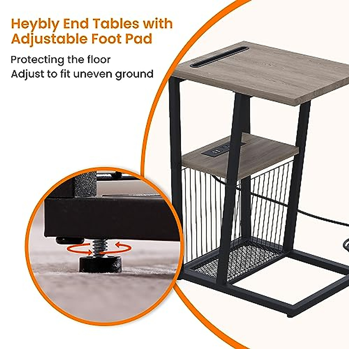 Heybly Side Table C Shaped Nightstand End Sofa Table with Charging Station, Phone Holder, 2 USB Ports and Power Outlets, Snack Couch Tables for Small Spaces, Greige and Black HET001CSG1