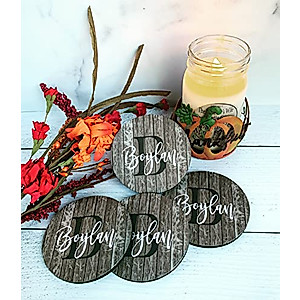 Personalized Coasters for Drinks Barnwood Design Custom Coaster Set Monogram Initial Name Wedding Anniverary Gift Handmade by The Painted Pug (Dark Brown)