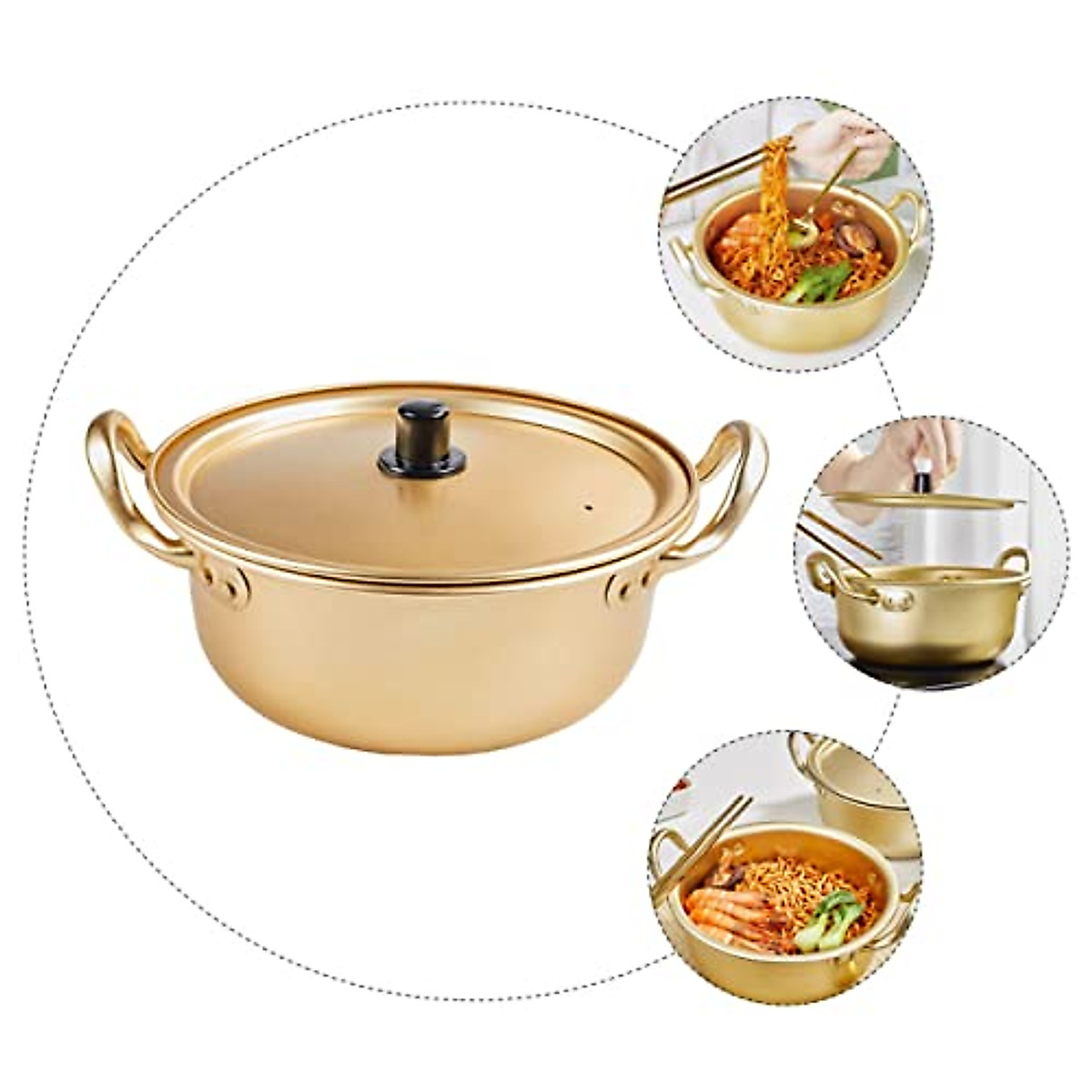 Yardwe 1pc Korean Instant Noodle Pot Foods Ceramic Nonstick Frying Pan Japanese Wok Metal Stock Pot Lid Cooking Pot Ramyun Hot Pot Practical Noodles Pot Kitchen Gadget Binaural Candy