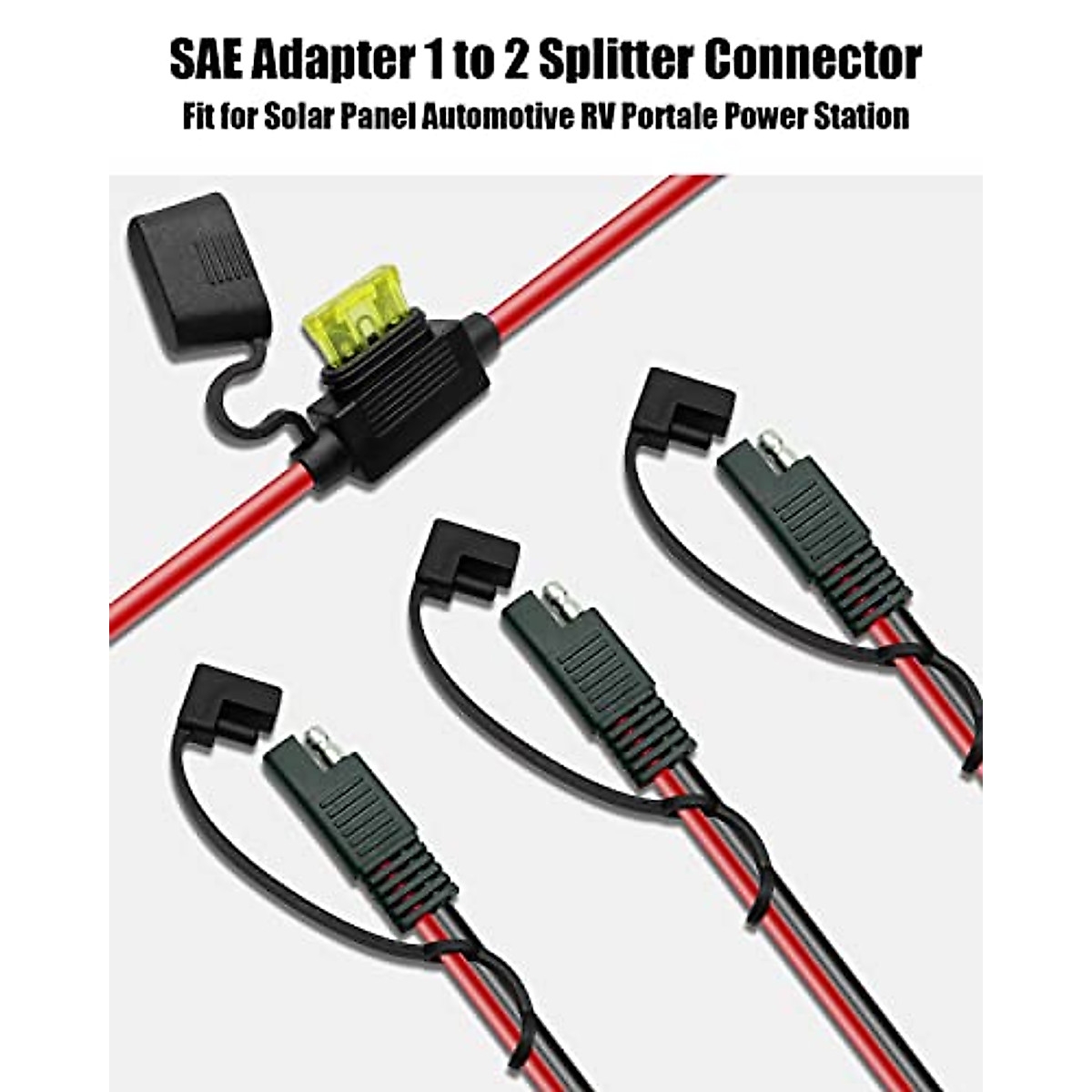 GMURA SAE Cable Splitter 10AWG Y-Splitter 1 to 2 SAE Extension Cable with 30A Inline Fuse Holder and SAE Polarity Reverse Adapter for Solar Panel Automotive RV Portable Power Station