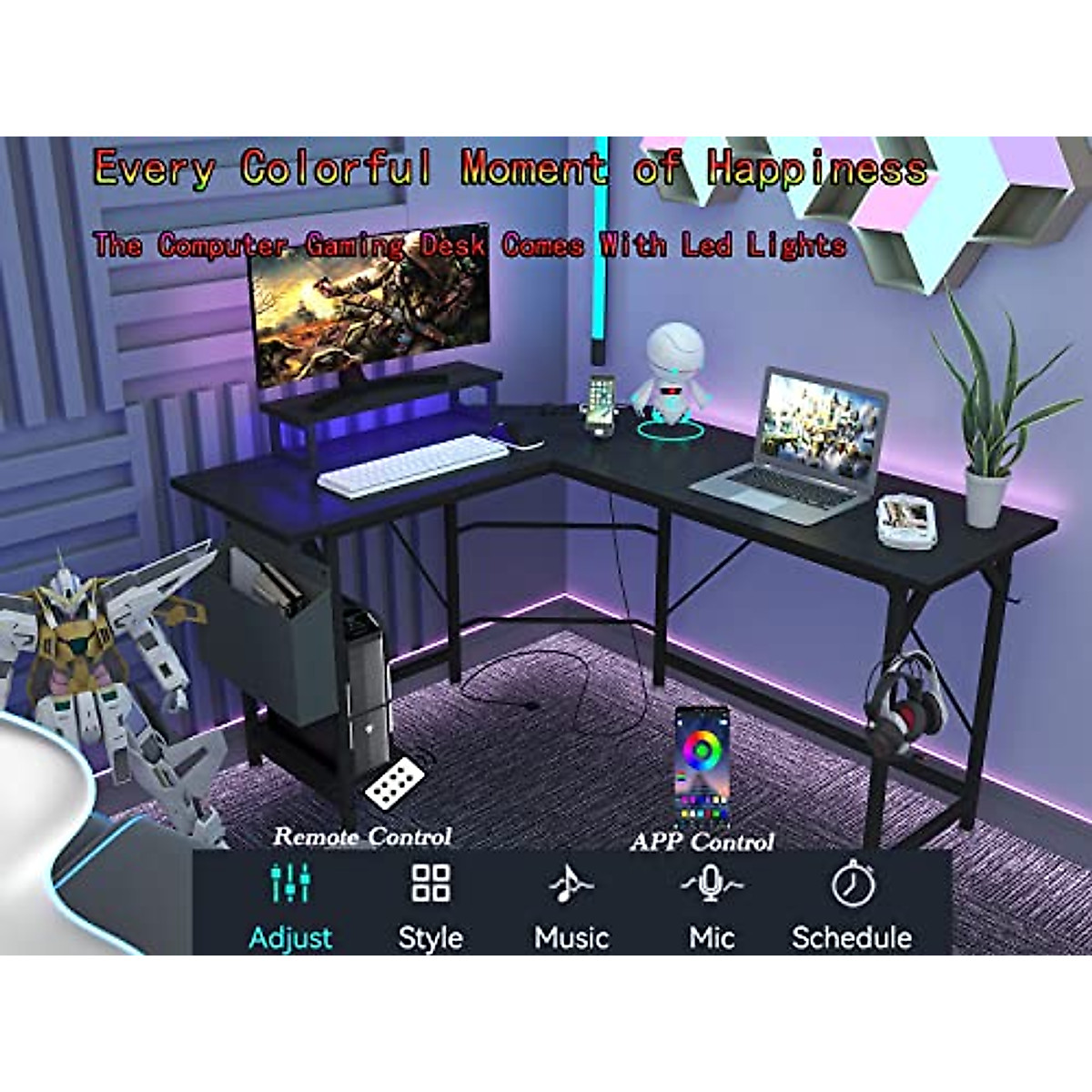 SZXKT Gaming Desk with Monitor Stand and Power Outlets,l Shaped Desk with Storage and LED Lights,Home Office Reversible Corner Computer Desk with Hooks (Black)