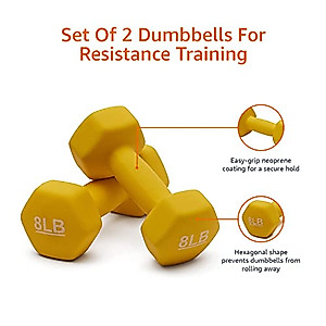 Amazon Basics Neoprene Coated Hexagon Workout Dumbbell Hand Weight, 8 pound, Set of 2, Yellow