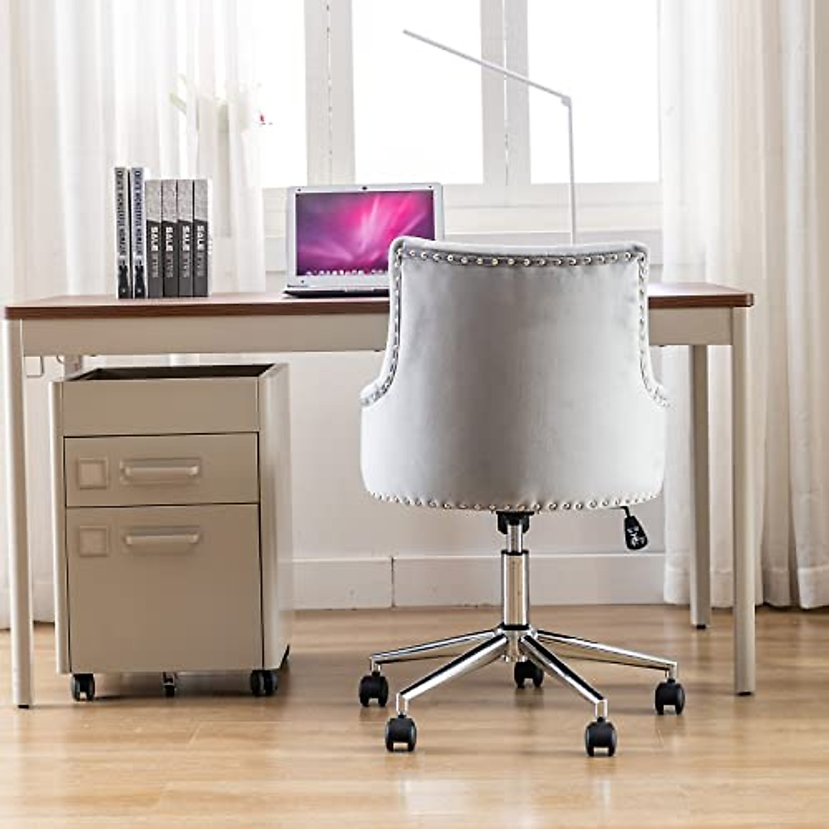 Home Office Chair Swivel Accent Armchair Velvet Upholstered Tufted Chairs Mid Back Ergonomic Study Task Seat Morden Computer Desk Stools w/Nailhead Trim for Living Room Bedroom (Grey)