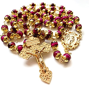 elegantmedical HANDMADE Red Tiger Eye Prayer Beads Catholic Rosary Necklace Gift Box Italy Crucifix Gold (red)