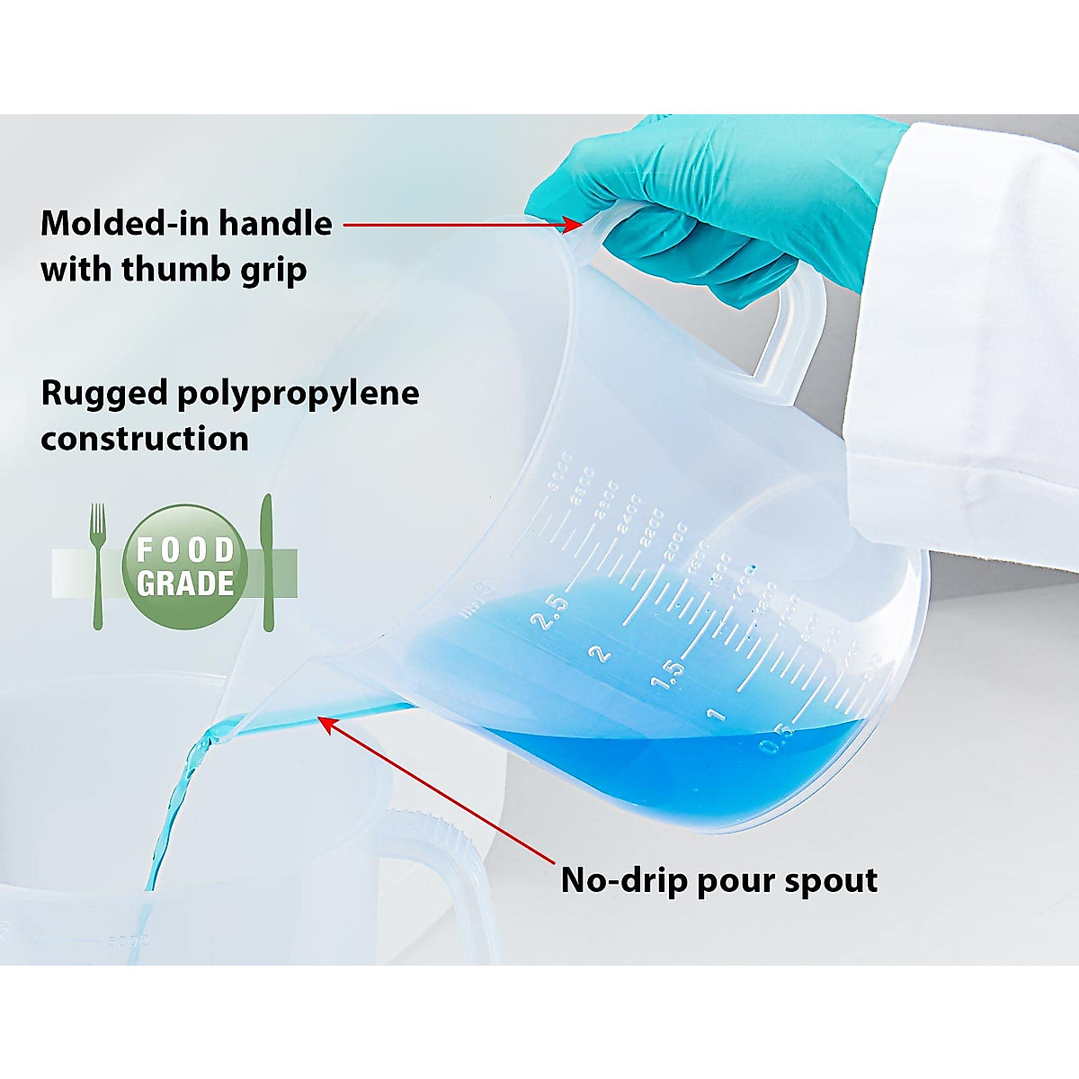 Globe Scientific 601159-1 Polypropylene Short Form Beaker with Handle, Molded Graduations, 3000mL Capacity, Each