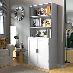 holzart 75" Tall Bookcase with Doors, 5 Tier Large Bookshelf with Cabinet, Standing Wood Display Book Shelf for Living Room, Office, Library with Doors, White