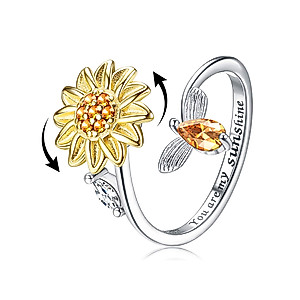 Jewenova S925 Sterling Silver Fidget Rings for Women Adjustable Open Ring Cubic Zirconia Sunflower You are My Sunshine Ring Spinner jewelry for Valentine's Day
