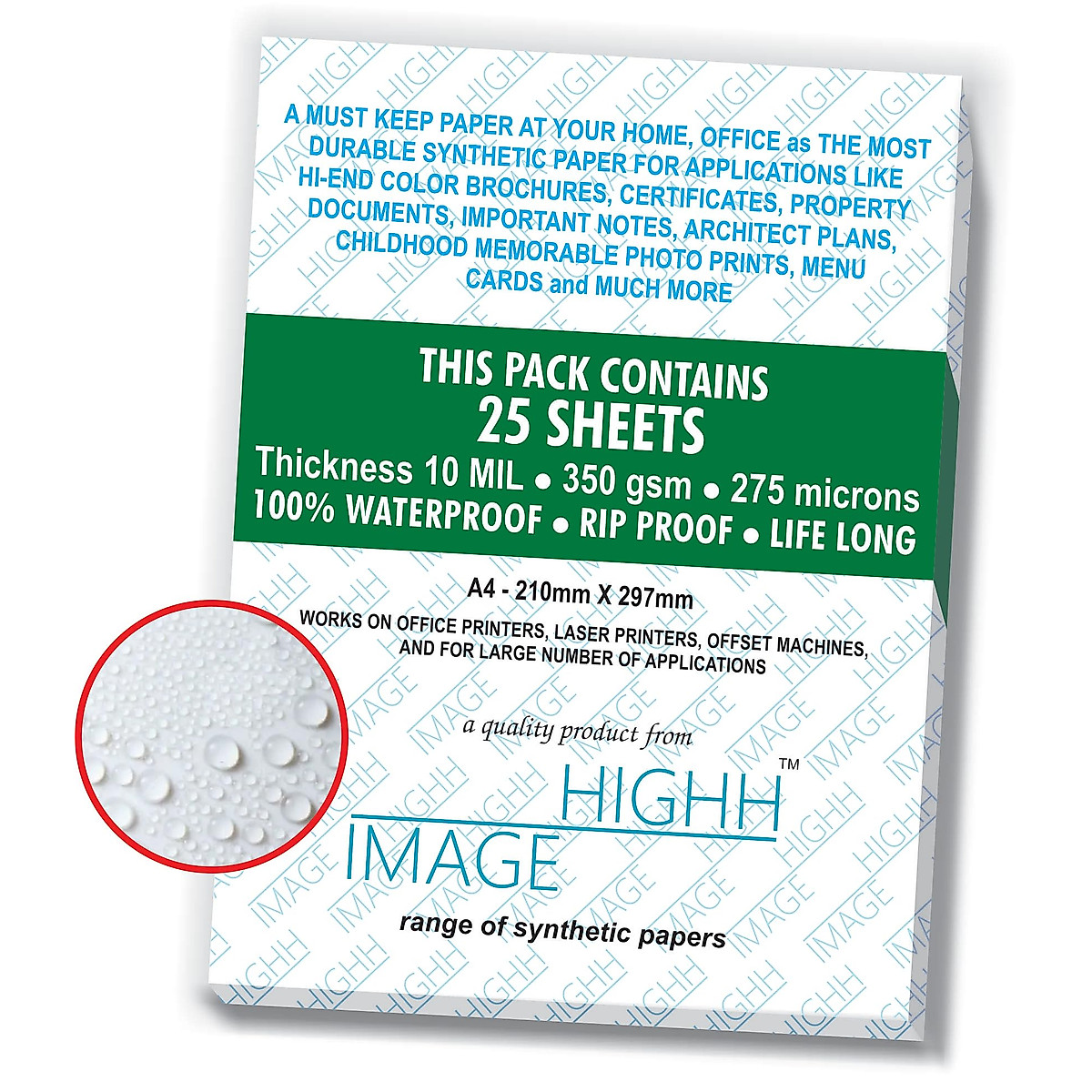 WATERPROOF PAPER | 25 SHEETS, THICKNESS 10 MIL LB, 225 LB, 275 MICRONS SYNTHETIC PAPER, 8.5X11 from HIGHH IMAGE | PRINT WITH LASER PRINTERS | Not for Inkjet Printers.
