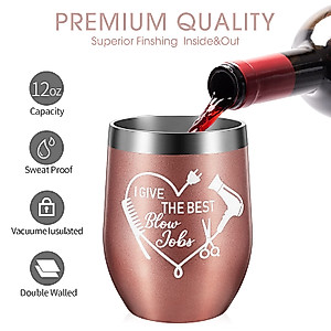 I Give the Best Jobs Wine Tumbler, Hairdresser Barber Unique Cosmetology Hairstylist Funny Gift for Women Sisters Friend Rose Gold Stainless Steel Wine Tumbler with Lid Straw 12 oz