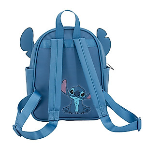 Disney Stitch Big Face Mini PU Backpack Purse, Shoulder Bag with Epoxy Filled Metal Scrump Charm, 10.5 Inch, Adjustable Straps, Faux Leather