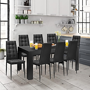 Giantex 9 Pcs Dining Table Set, Wood Rectangular Table with 8 Upholstered Chairs Set, Modern Kitchen Table Set, Black Dining Room Table Set, Home Kitchen Dinette Furniture Family Party