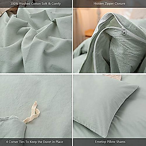 MooMee Bedding Duvet Cover Set 100% Washed Cotton Linen Like Textured Breathable Durable Soft Comfy (Sage Green, Queen)