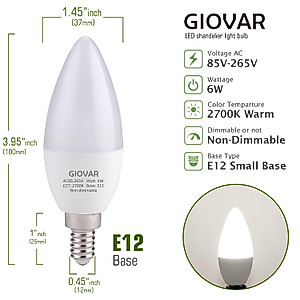 GIOVAR 4Pack LED Celing Fan Light Bulbs 60 Watt, Daylight 5000K, E12 Candelabra Bulb Base Socket, 120V, Type B, Non-Dimmable