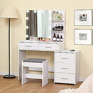 usikey Large Vanity Set with 10 LED Lights and Charging Station, Makeup Vanity Dressing Table with 5 Drawers, Storage Shelves and Cushioned Stool, Vanity Table with Cabinet Drawer Chest, White