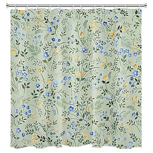 LB Nature Plant Floral Shower Curtain Decor, Yellow Blue Flower with Herb on Sage Green Shower Curtain for Bathroom 72" W x 72" L Polyester Fabric Bathroom Decoration Bath Curtains Hooks Included