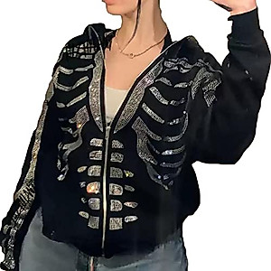 Women Men Oversized Zip Up Hoodie Sweatshirt Rhinestone Skeleton Sweatshirt Loose Fit Aesthetic Hoodies(Black-1,Small)