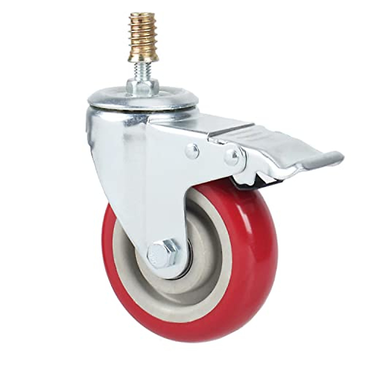 Swivel Stem Casters, Heavy Duty Double-Locking Castors with Red PU Wheels Quiet and No Marking with Metric Thread Rods M10-1.5x25mm 800-1000lb Load Capacity Pack of 4 (4 Inch)