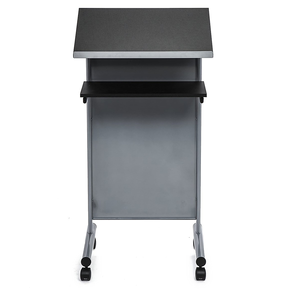 Audio-Visual Direct Wheeled Lectern Podium - Standing Desk with Storage Shelf - Silver/Black - Ideal for Presentations and Laptop Use