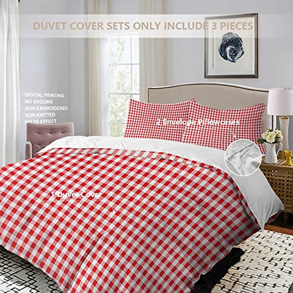 BaoNews Red White Checkered Duvet Cover Set Twin Size,3 Pieces Square Red and White Gingham Bedding Set Hotel Quality Comforter Cover Set with 2 Pillowcases(No Filler)