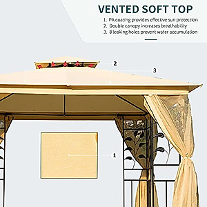 Outsunny 10' x 10' Metal Patio Gazebo, Double Roof Outdoor Gazebo Canopy Shelter with Tree Motifs Corner Frame and Netting, for Garden, Lawn, Backyard, and Deck, Beige