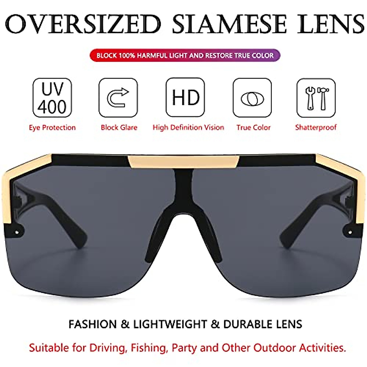 AIEYEZO Square Oversized Sunglasses Flat Top Shield Sun Glasses for Men Women One Lens Square Shades (Black/Grey)