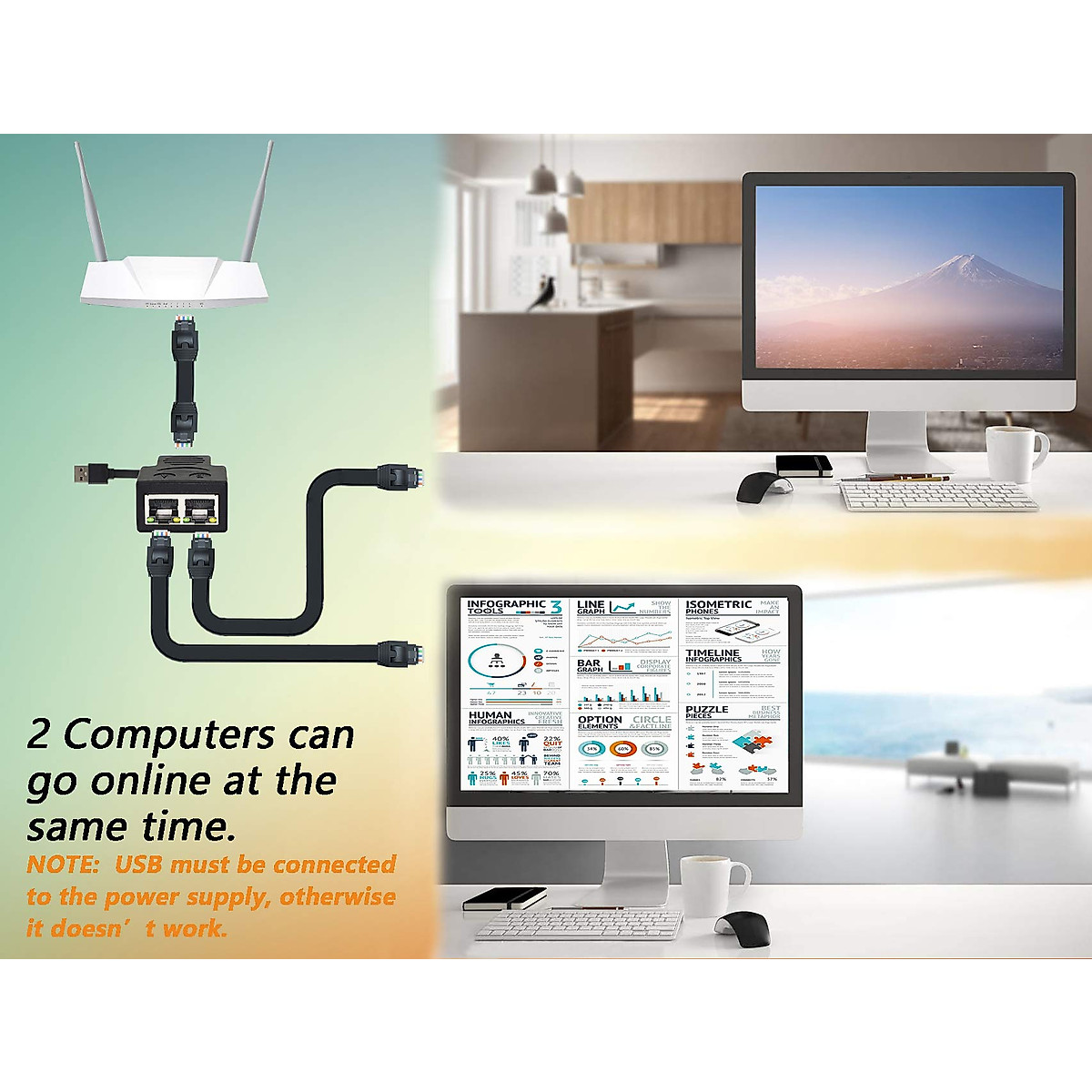 CERRXIAN RJ45 Network Splitter Adapter, RJ45 1 to 2 Female LAN Ethernet Network Splitter 2 Devices Share The Internet at The Same Time for Cat5, Cat5e, Cat6