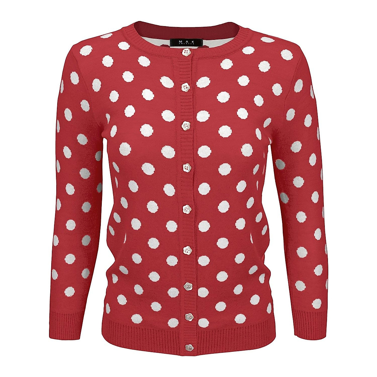 YEMAK Women's Polka Dot Cute Jacquard Crewneck Button Down Sweater Cardigan MK3104-RED-S
