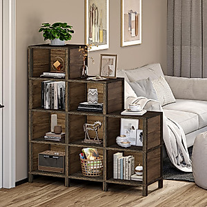 TVU 9-Cube Ladder Bookcase & Bookshelf, Floor Standing Display Storage 12 Shelves Bookshelf (Rustic Brown)