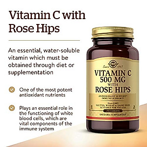 Solgar Vitamin C 500 mg with Rose Hips, 250 Tablets - Antioxidant & Immune Support - Overall Health - Supports Healthy Skin & Joints - Non GMO, Vegan, Gluten Free, Dairy Free, Kosher - 250 Servings
