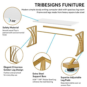 Tribesigns 55’’ Large Modern Computer Desk, White & Gold Luxury Laptop PC Student Table, Makeup Vanity Table with Thick Frame & Strong Legs, Sturdy Writing Workstation for Home & Office