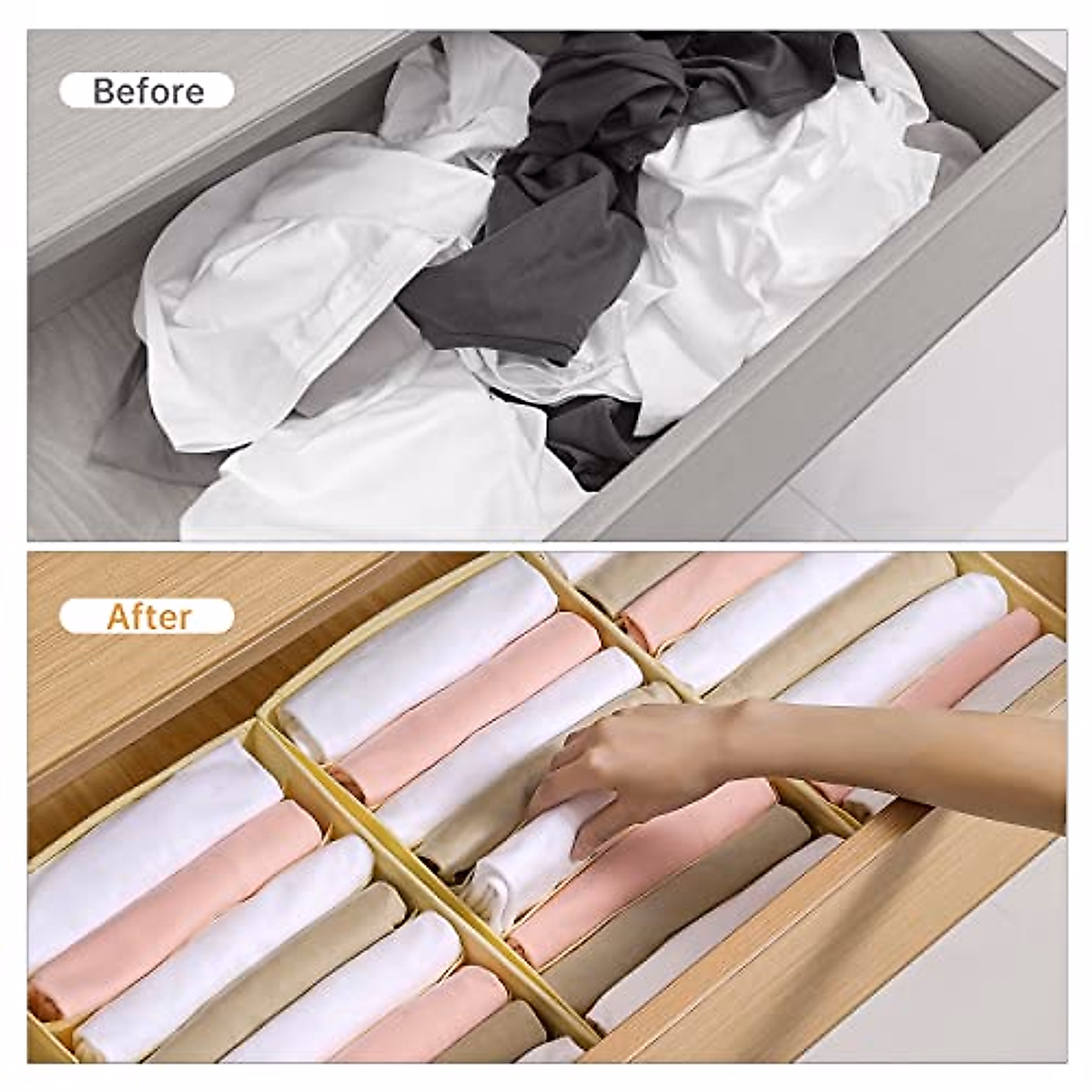 Coorganisers 4 Packs Wardrobe Clothes Organizer, 8 Grids Washable Portable Closet Organizer Storage Box Foldable Closet Drawer Organizer for Underwear, Socks, Scarves, Leggings,T-shirts（Beige）